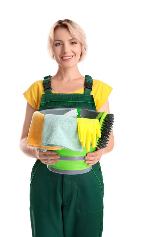 Female Janitor with Cleaning Supplies Stock Image - Image of janitor ...