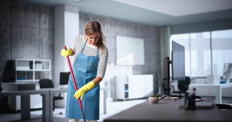 Female Janitor with Mop Cleaning Modern Office Stock Image - Image of ...