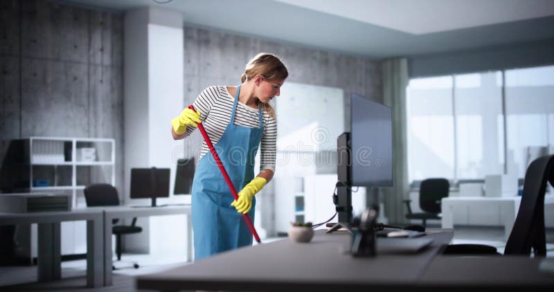 Female Janitor with Mop Cleaning Modern Office Stock Photo - Image of ...