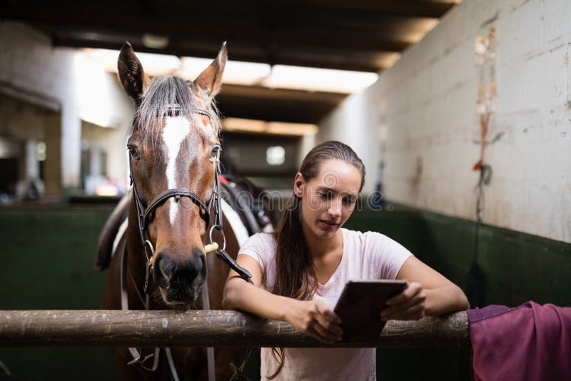 Female Jockey Using Tablet Computer while Standing Against Horse Stock ...