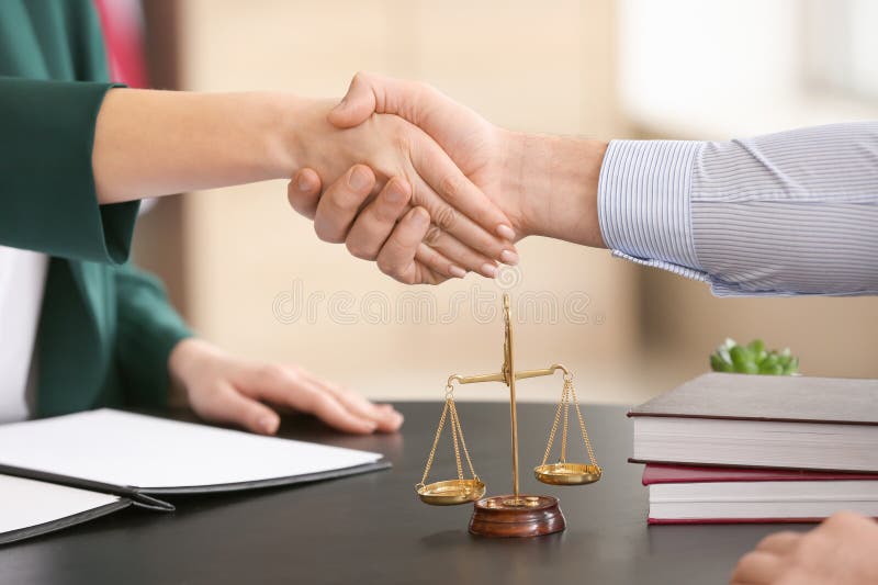 Female Judge and Client Shaking Hands in Office, Closeup Stock Image ...