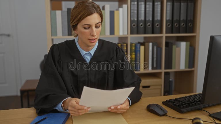 Female Judge Reading Documents in an Office Surrounded by Books and a ...