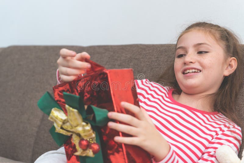 Female Kid Opening Surprise Present Christmas Box Stock Photo - Image ...