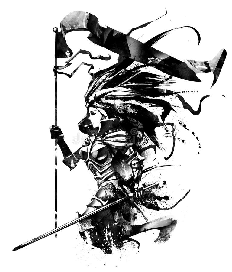 Female Knight Holding Flag Fluttering in Wind Stock Illustration ...