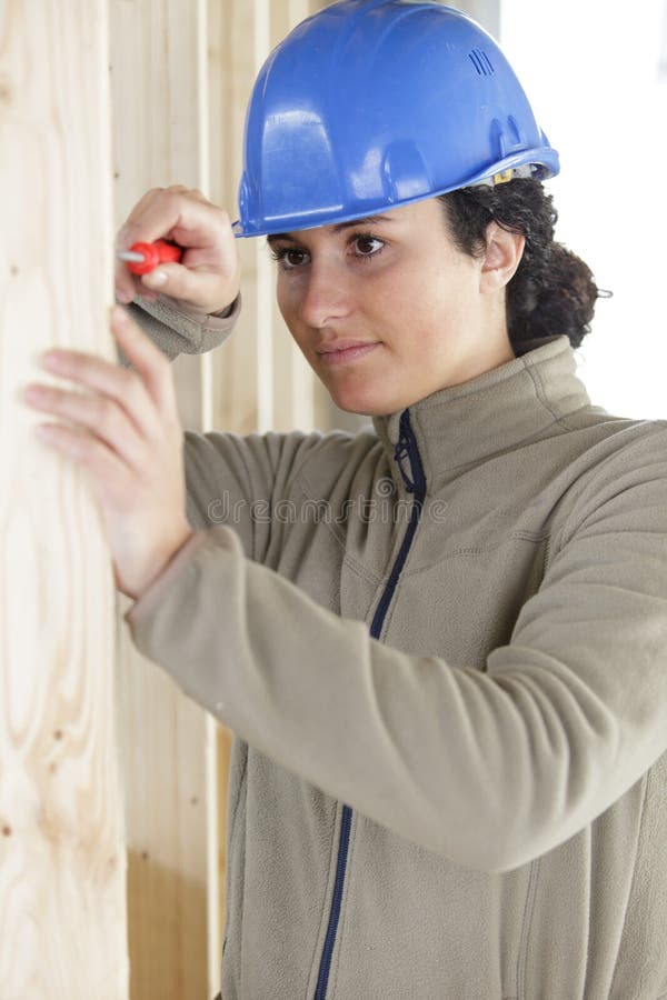 Female Labourer Using Screwdriver on Wood Panel Stock Image - Image of ...