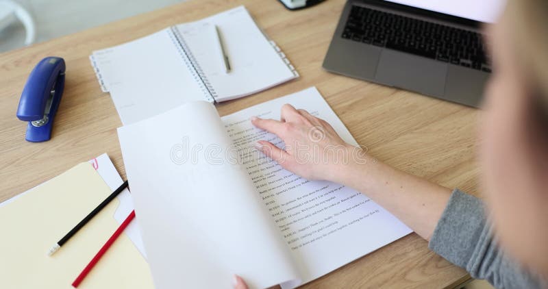 Female Language Editor Opens Script Lying on Wooden Table Stock Footage ...