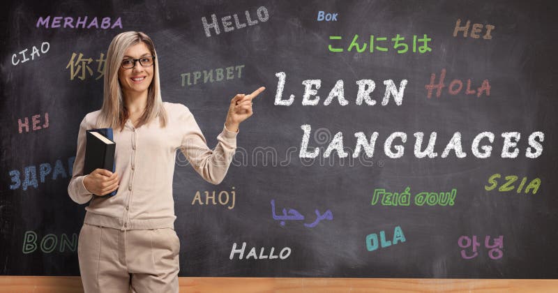 Female Language Teacher Pointing To a Blackboard with Text Learn ...