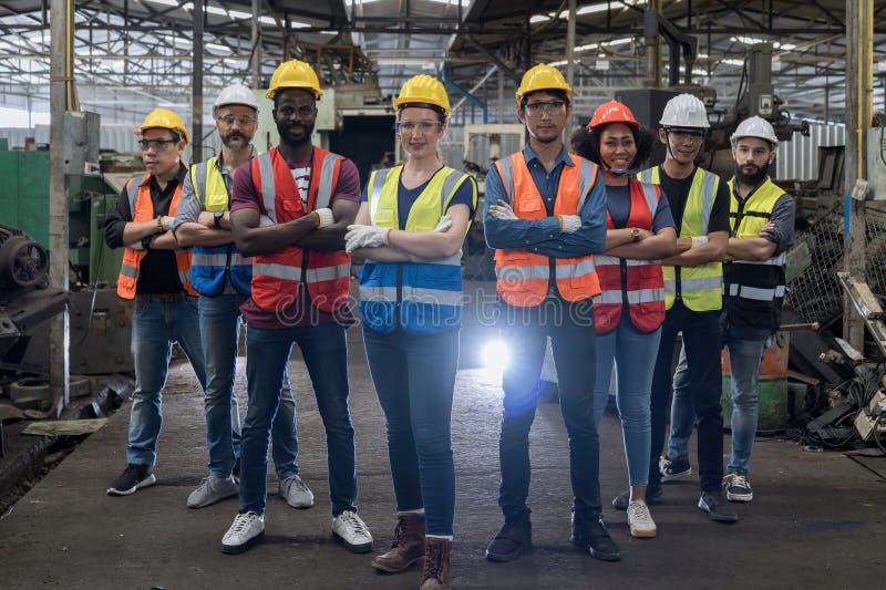 Female Leader. Team Workers and Workers are Standing in the Factory ...