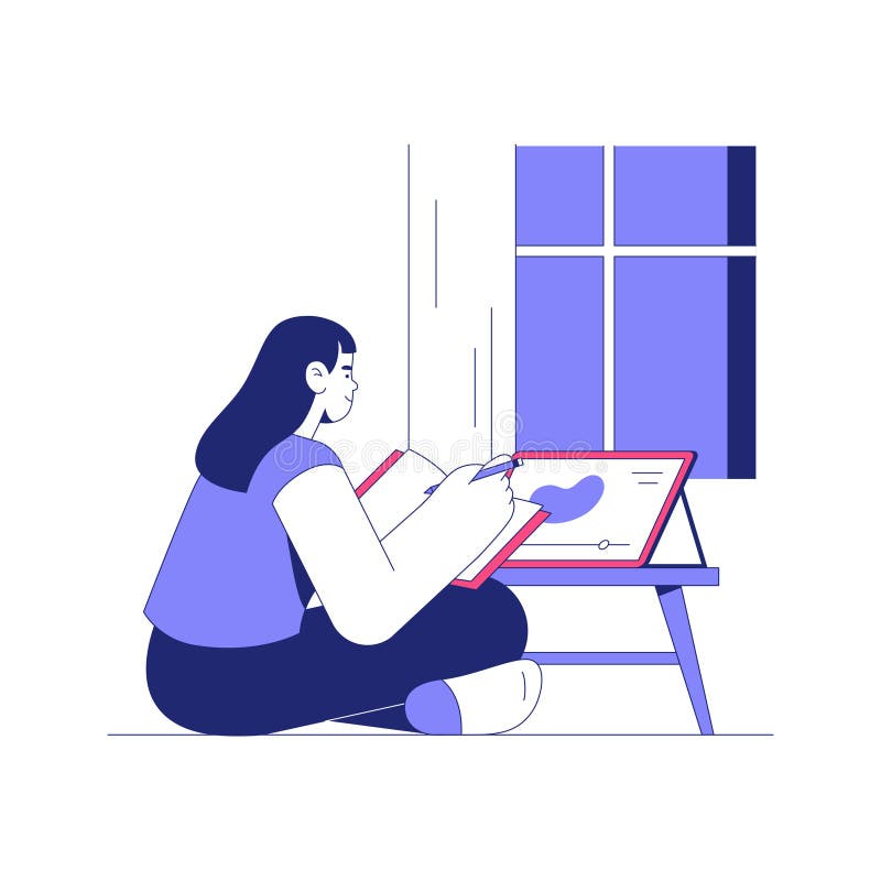 Female Learning Drawing with Notebook and Tablet in Flat Vector ...