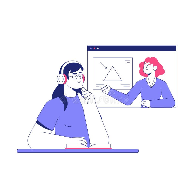 Female Learning Geometry with Virtual Teacher in Flat Vector Illustration Symbolizing Online ...