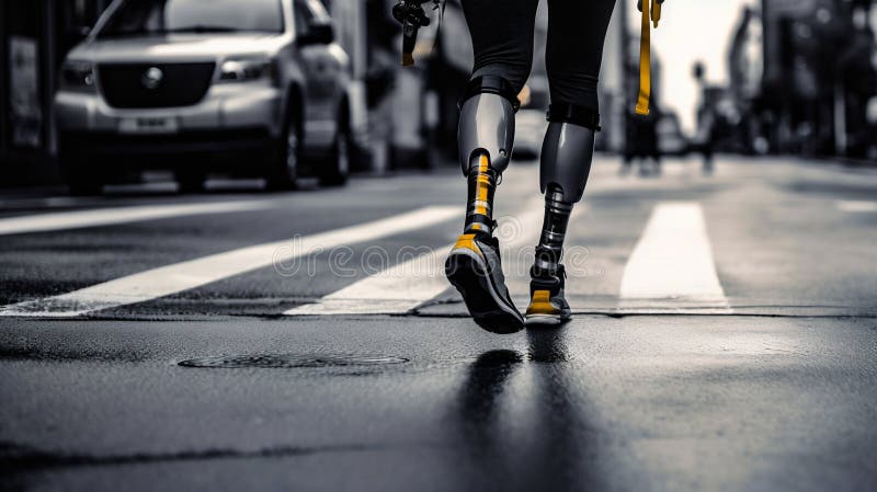 Female Legs with Bionic Prosthesis Walking Down the Street. Generative ...