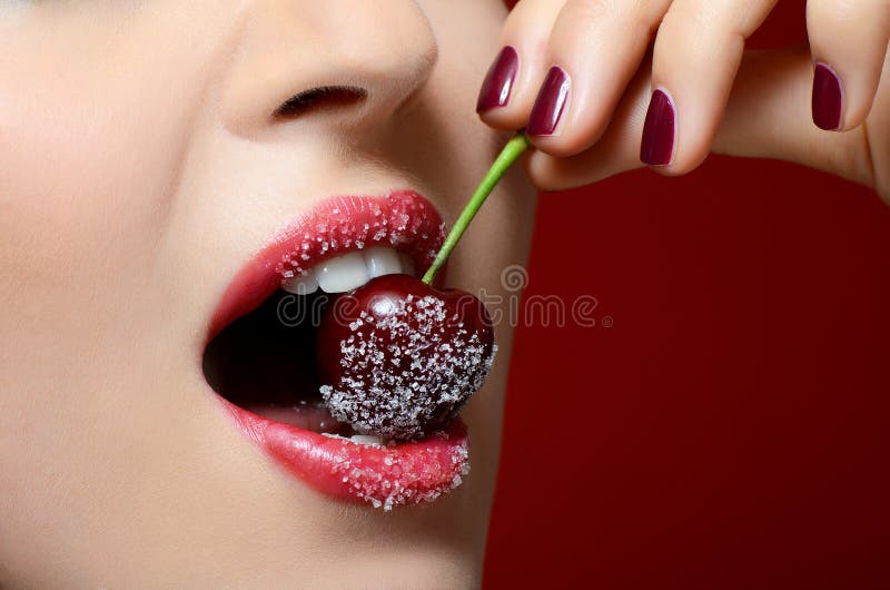 Female Lips Closeup with Sweet Cherry Stock Photo - Image of bright ...