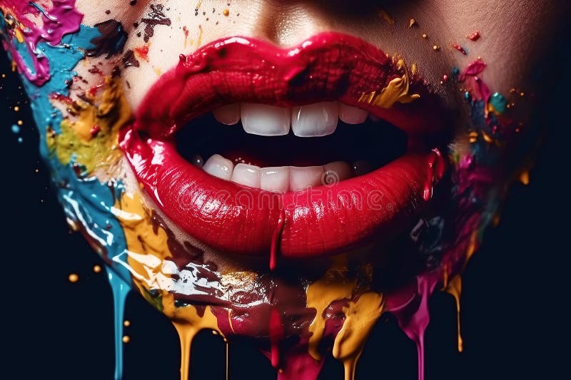 Female Lips Painted with Multi Colored Paint with Splashes. Art Makeup ...