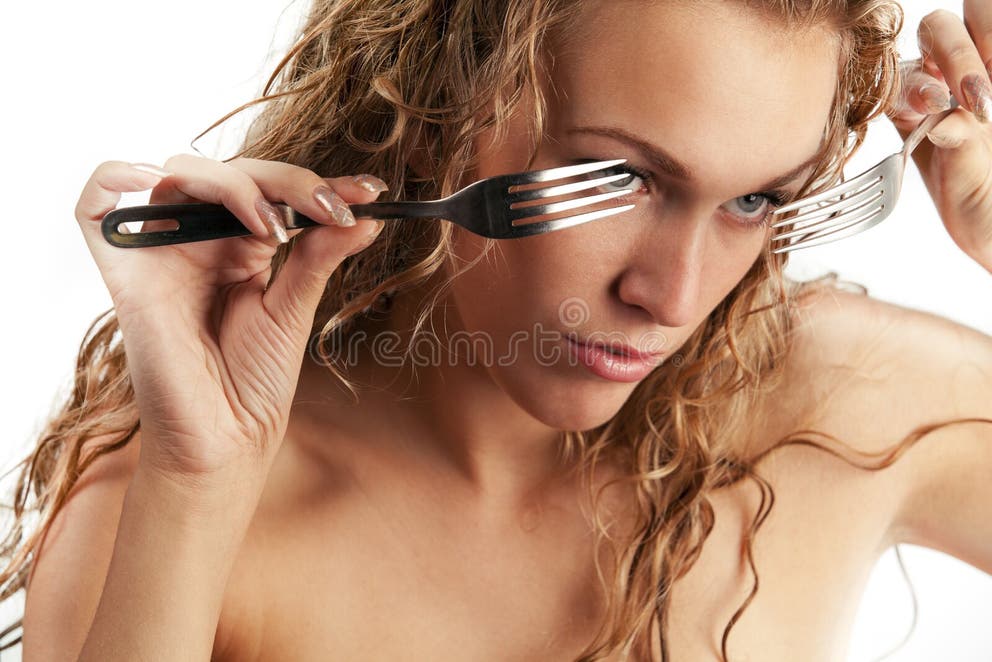 Female Looking through Forks Stock Image - Image of cheerful, cute ...
