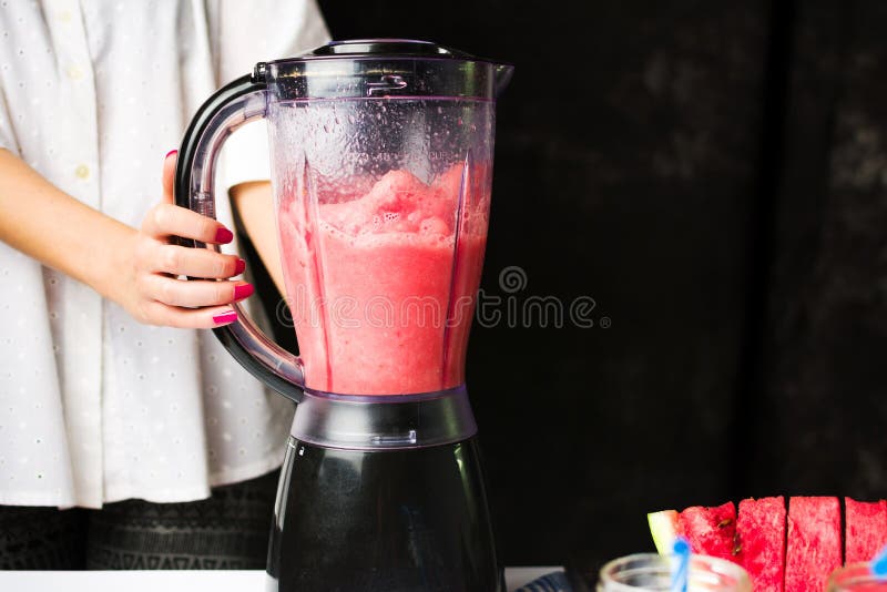 Female Making Watermelon Smoothie with Blender Stock Image - Image of ...