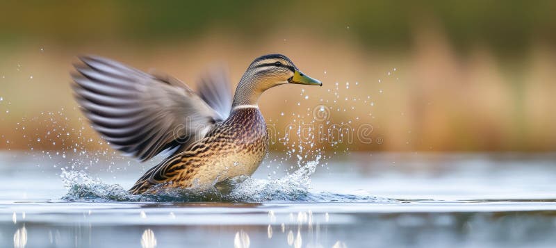 Female Mallard Duck Running on Water and Flapping Wings Stock Image ...