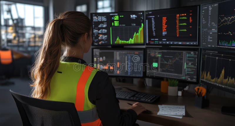 Female Manager in a High-visibility Vest Sitting at a Desk with ...