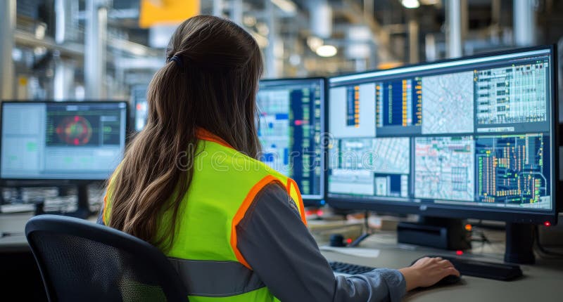 Female Manager in a High-visibility Vest Sitting at a Desk with ...