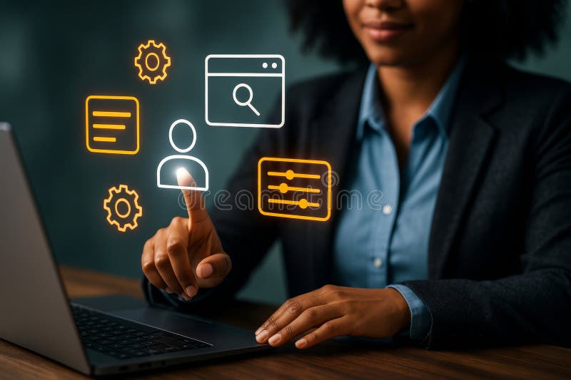 Female Manager Interacting with User Interface for Profile ...