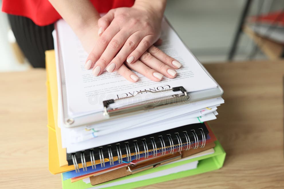 Female Manager Puts Her Hands on Stack of Office Document, Notebooks ...