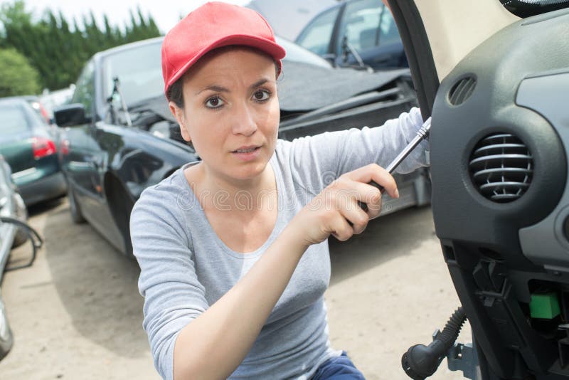 Female Mechanic Fixing Machine Outdoors Stock Image - Image of tire ...
