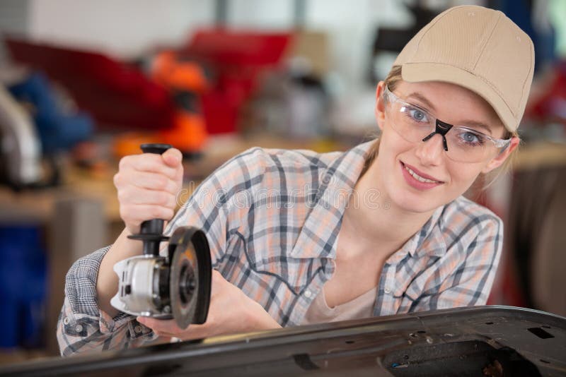 Female Mechanic Grinding Body Car Stock Image - Image of garage, repair ...