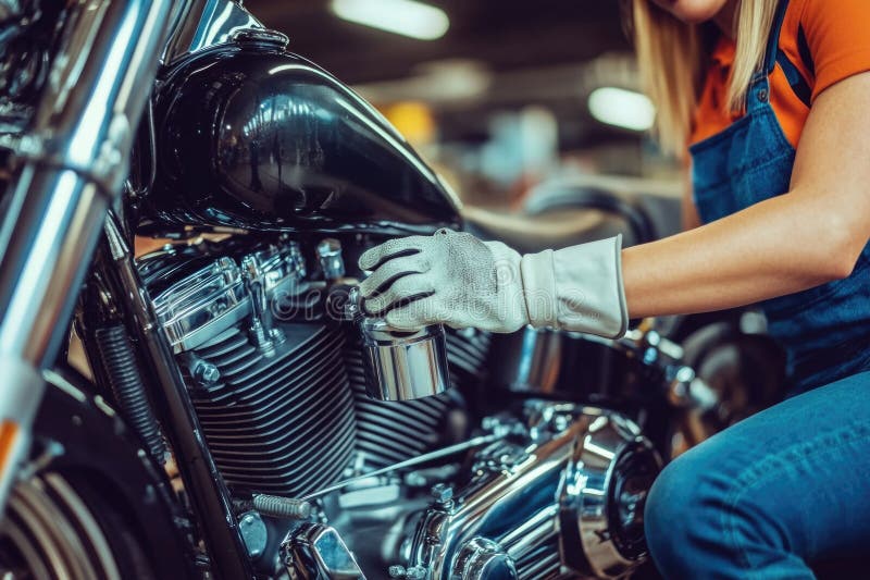 Female Mechanic Working on Motorcycle Engine in Garage Stock Photo ... Female Mechanic Working on Motorcycle Engine in Garage Stock Photo ...