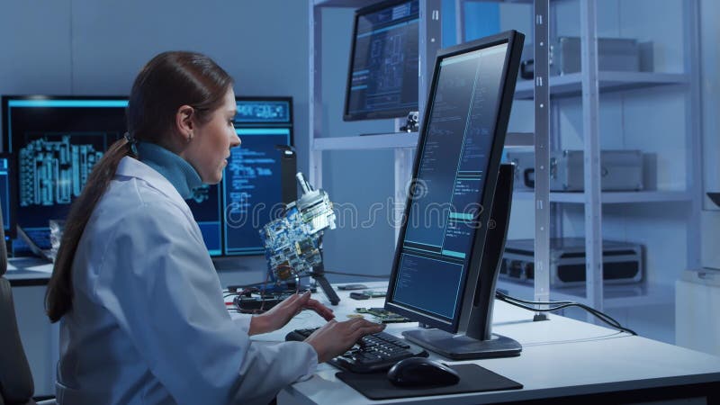 Female Microelectronics Engineer Works in a Modern Scientific ...