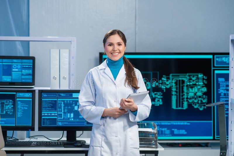 Female Microelectronics Engineer Works in a Scientific Laboratory on ...