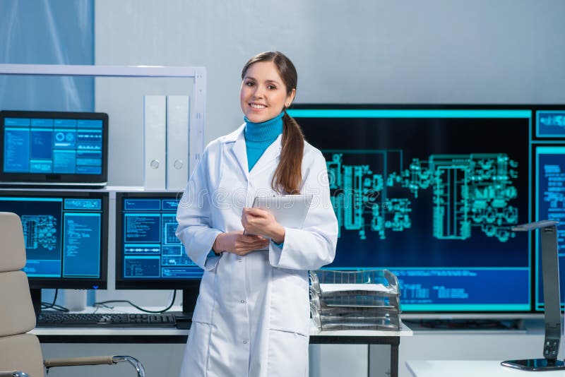 Female Microelectronics Engineer Works in a Scientific Laboratory on ...