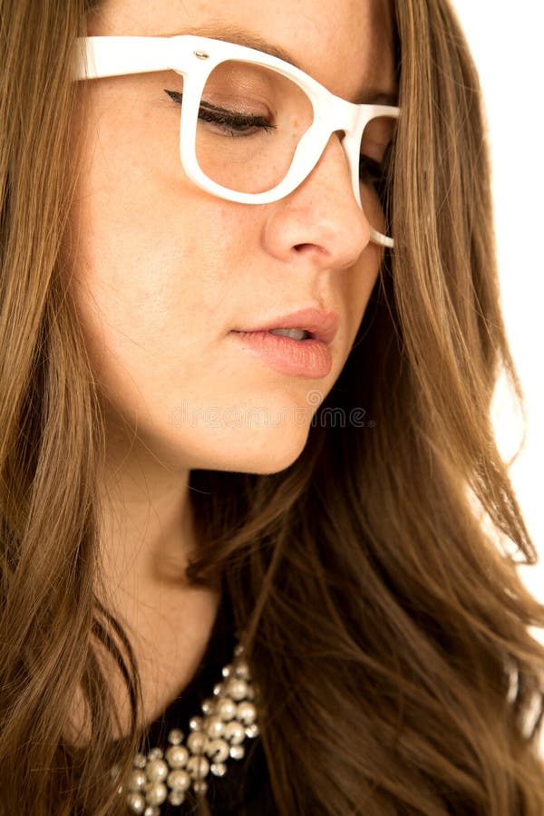 Female Model Looking Down Wearing White Glasses Portrait Stock Image ...
