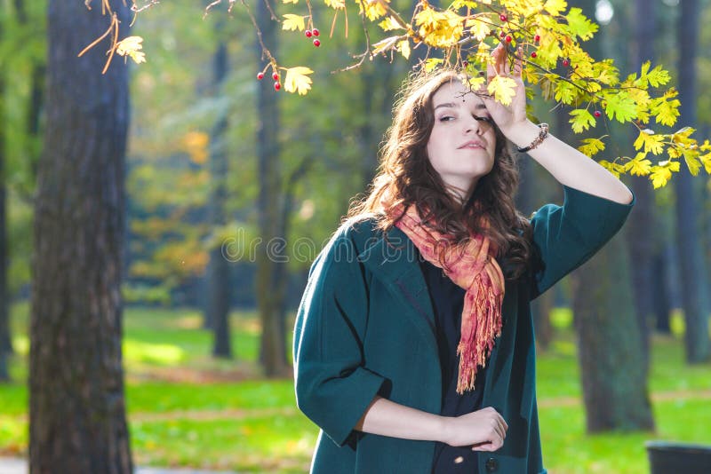 Female Model Standing in Fall Forest Outdoors. Stock Image - Image of ...