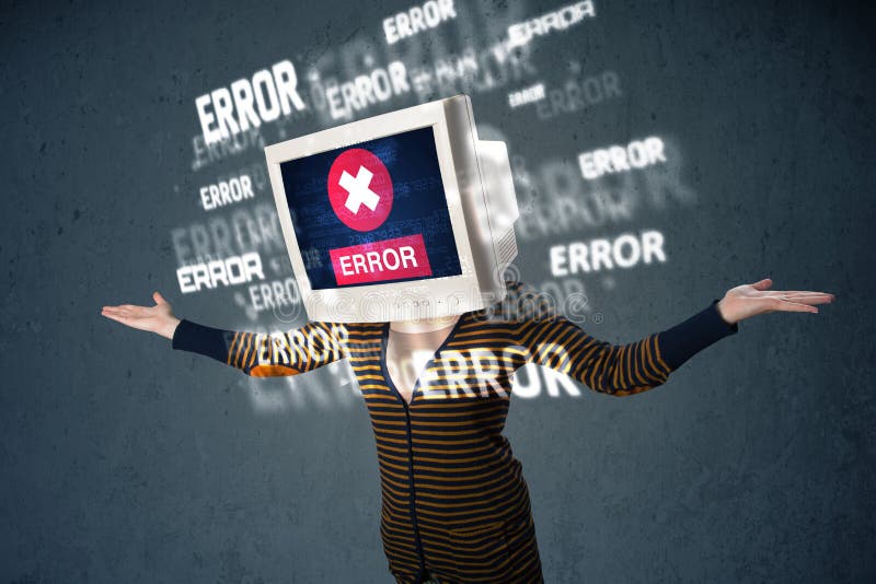 Female Monitor Head with Error Signs on the Display Screen Stock Image ...