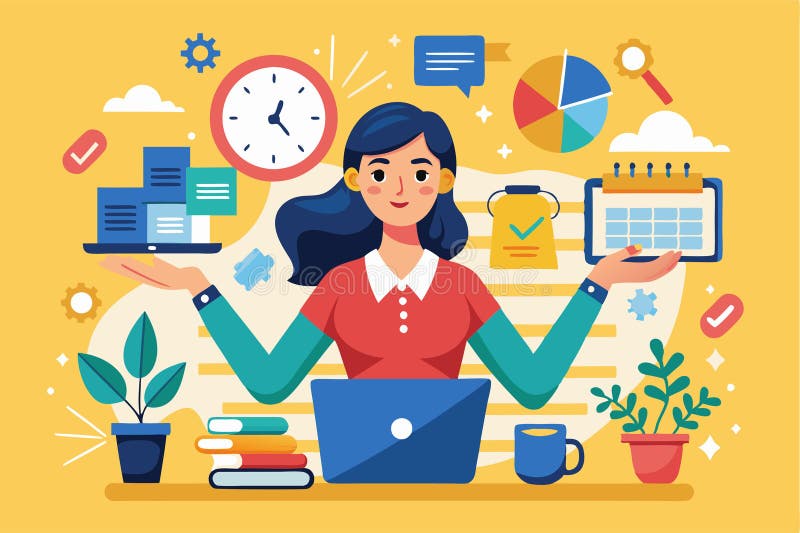 A Female is Multitasking Effectively with a Laptop, Clock, and Planner ...