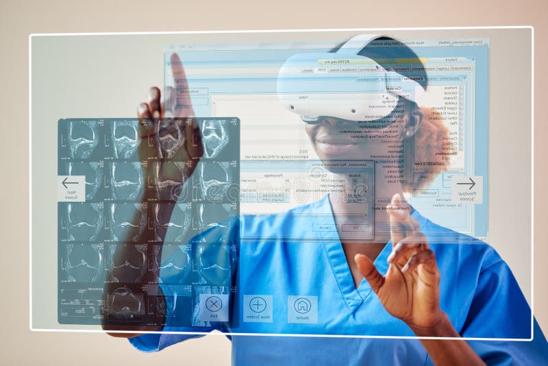 Female Nurse or Doctor in Scrubs with VR Headset Interacting with AR ...
