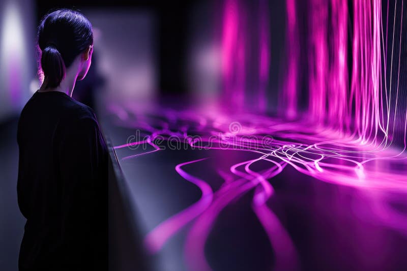 Female Observes Vibrant Purple Light Art Display in Modern Gallery ...