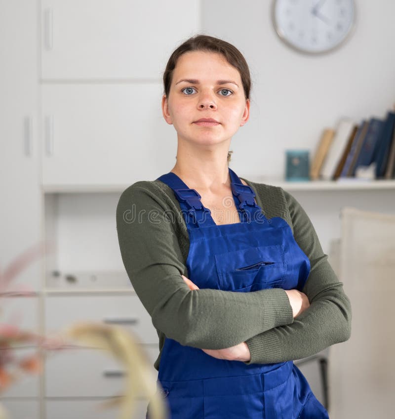 Female Office Cleaner is Satisfied after Cleaning in Office Stock Image ...