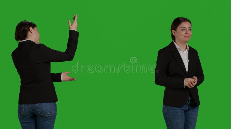 Female Office Employee Pointing Sideways To Show Advertisement Stock ...