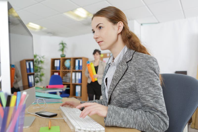 Female Office Worker and Computer Stock Photo - Image of human ...
