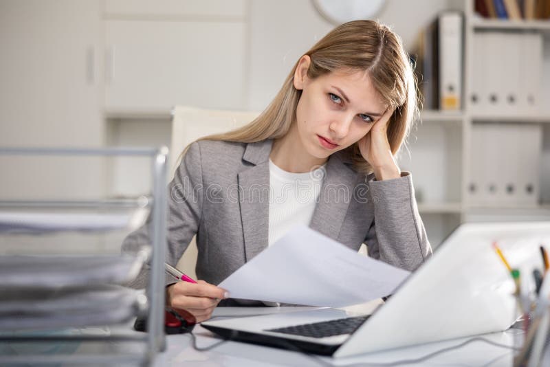 Female Office Worker Doing Paperwork Stock Image - Image of manager ...
