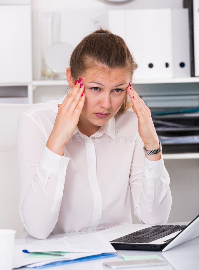 Female Office Worker is Having Complicated Issue with Project Stock ...