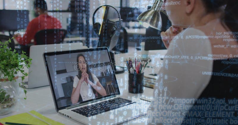 Female Office Worker Joining Remote Tech Meeting at Laptop Desk, with Floating Code Streams ...