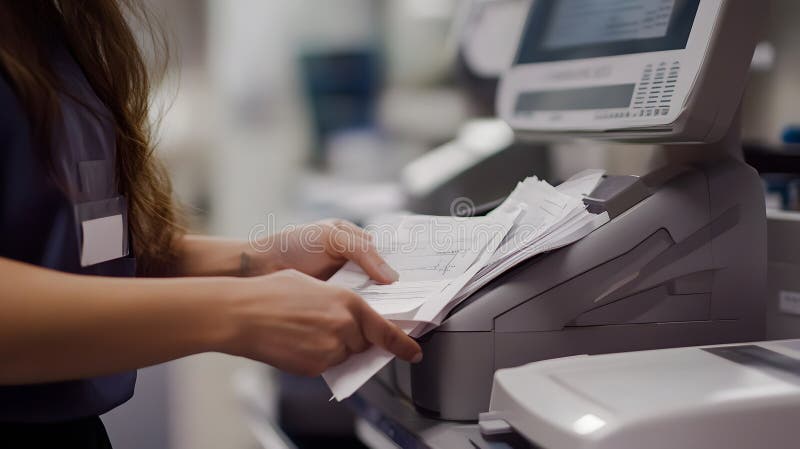 Female Office Worker Organizing Documents at a Printer Stock Photo ...