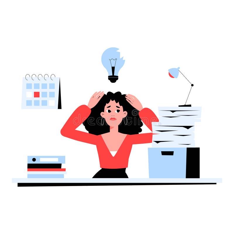Stressed Female Office Worker with Stacks of Documents and a Lightbulb ...