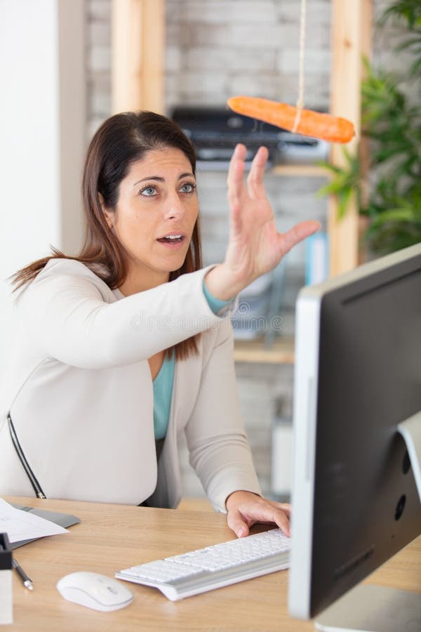 Female Office Worker Reaches for Carrot Hanging Above Computer Stock ...