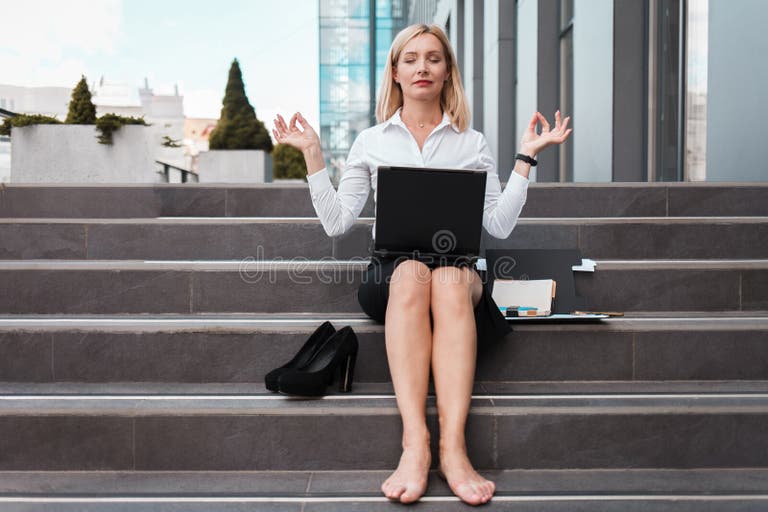 Female Office Worker Resting from Work with Meditation. Overwork ...