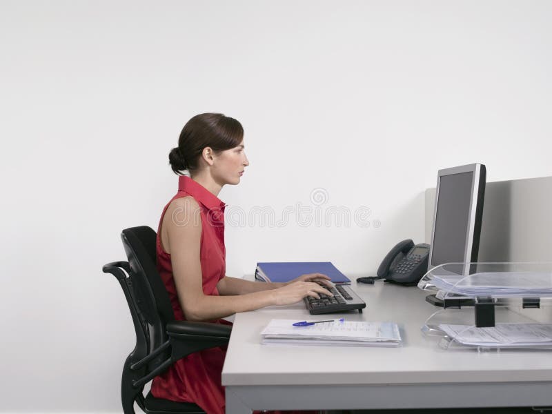 Back View of Beautiful Business Woman in Office Using Computer W Stock ...