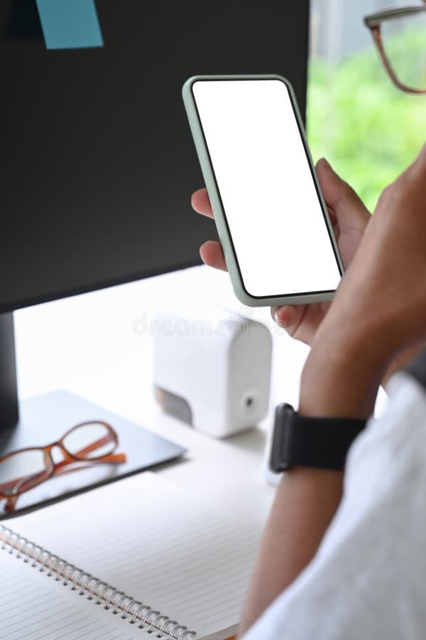 Female Office Worker Using Mobile Phone. Stock Photo - Image of hand ...