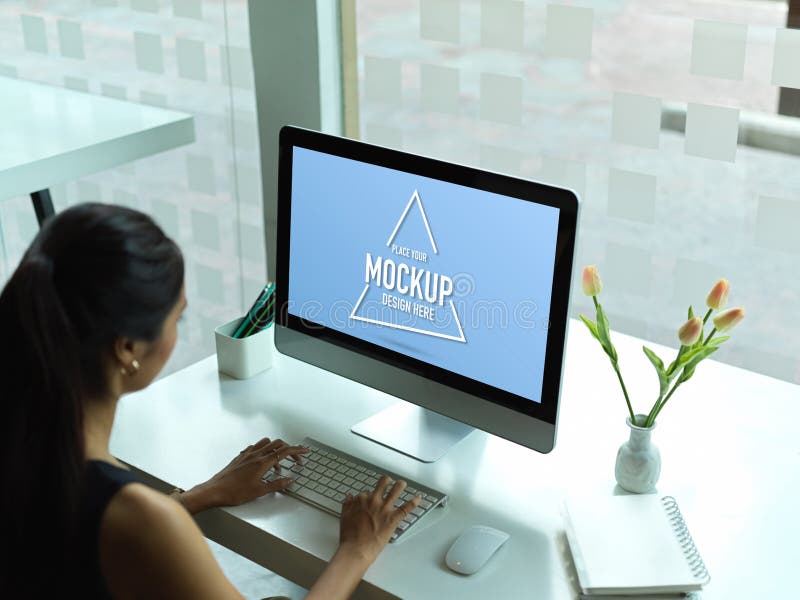 Female Office Worker Working Mock Up Computer Simple Table Stock Photos ...