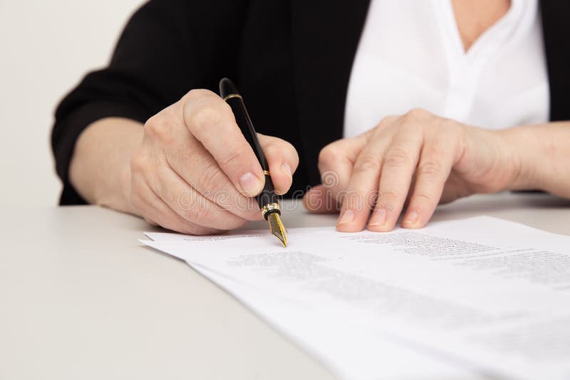 Female Office Worker Writing on Paper Documents by Pen. Stock Photo ...
